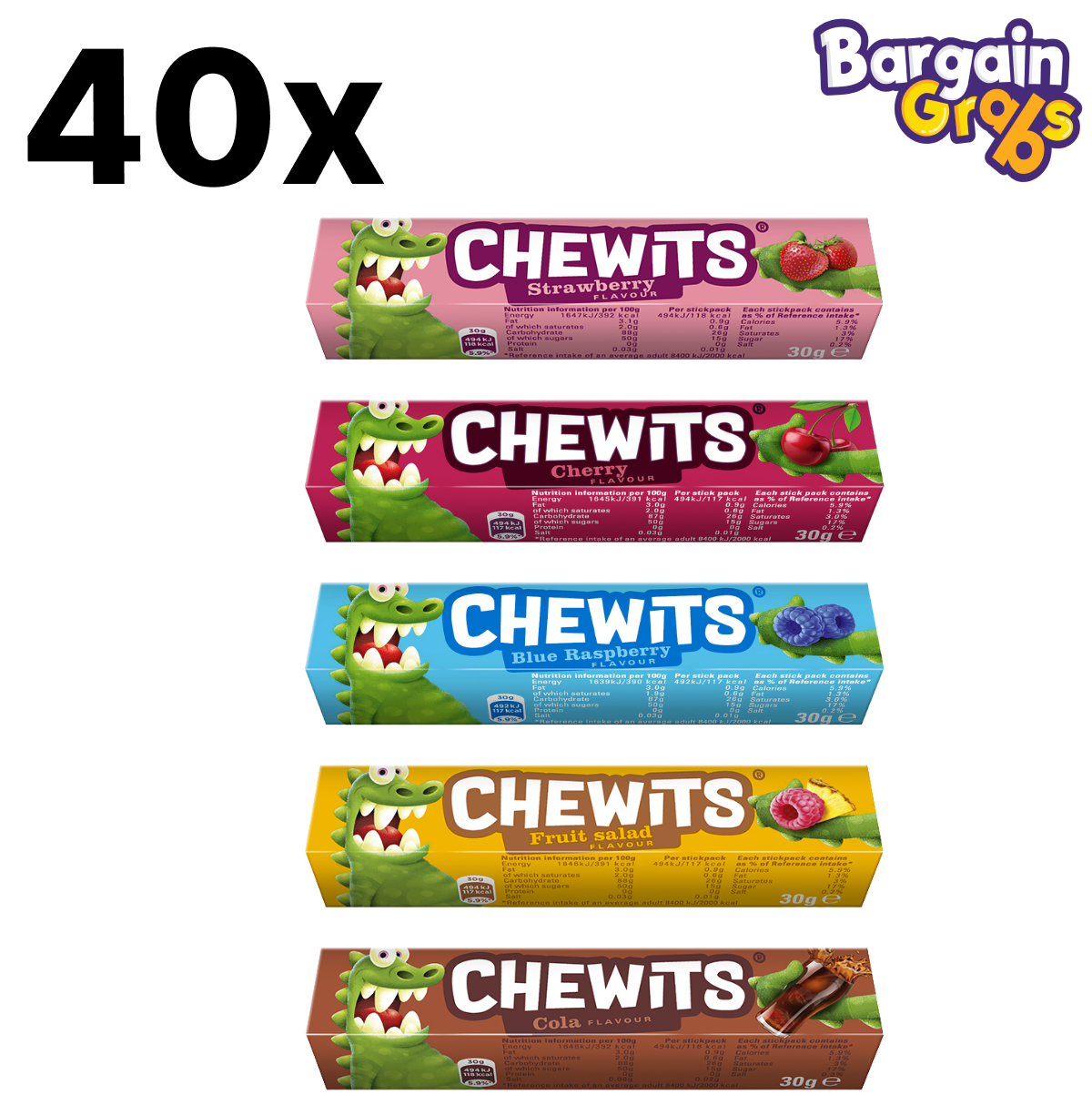 40 x Chewits Chewy Sweets 30g – Assorted Fruity Flavours | Bargain ...